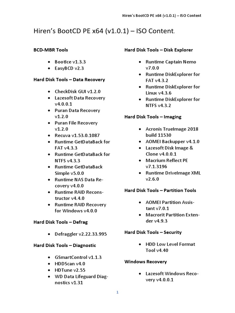 Hiren's BootCD PE x64 (v1.0.1) - ISO Content | PDF | Hard Disk Drive ... Hiren's BootCD PE x64 (v1.0.1) - ISO Content | PDF | Hard Disk Drive ...