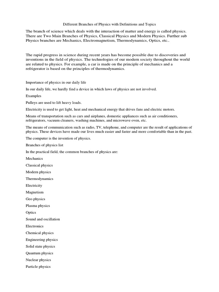 Different Branches of Physics With Definitions and Topics | PDF ...