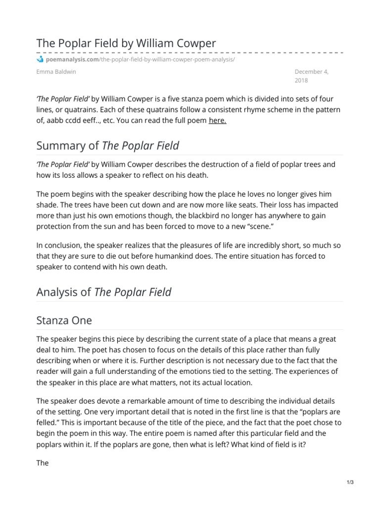 The Poplar Field by William Cowper | PDF | Poetry