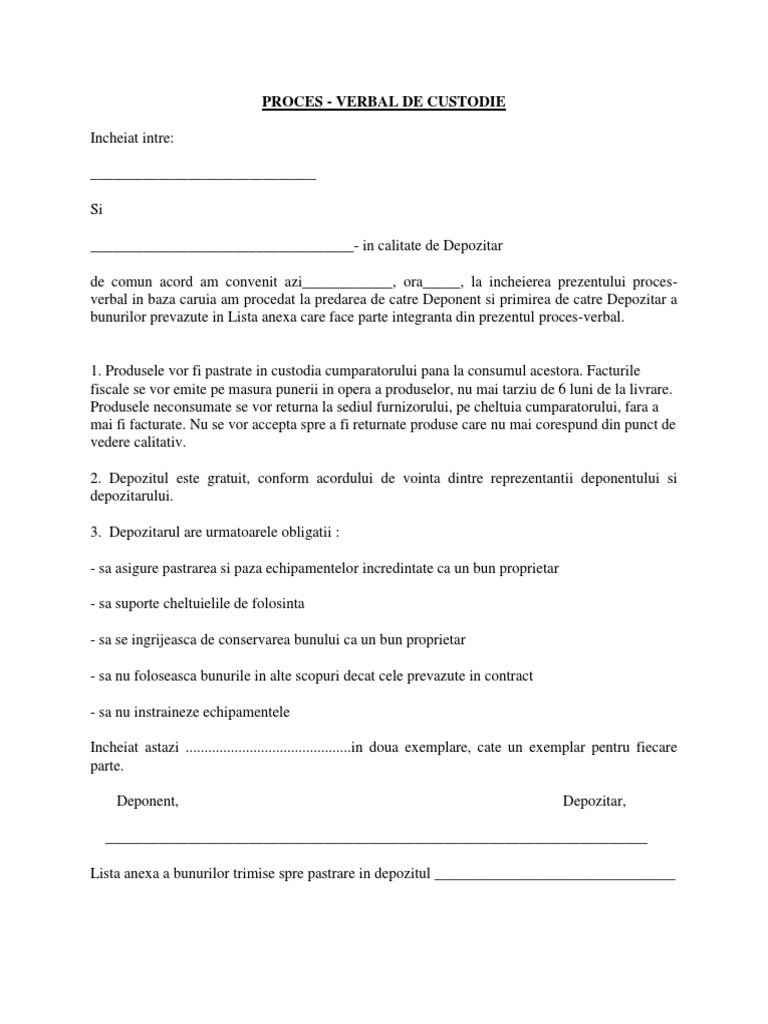 Proces Verbal Custodie - Model | PDF