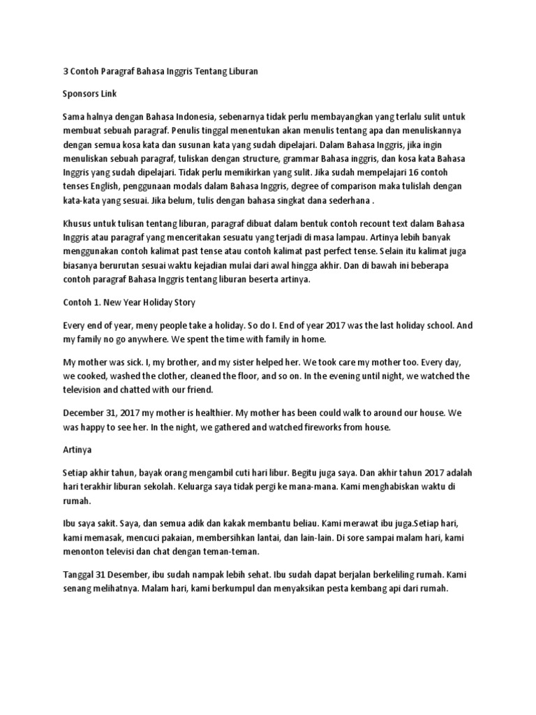 Contoh Paragraf Liburan dalam Bahasa Inggris | PDF