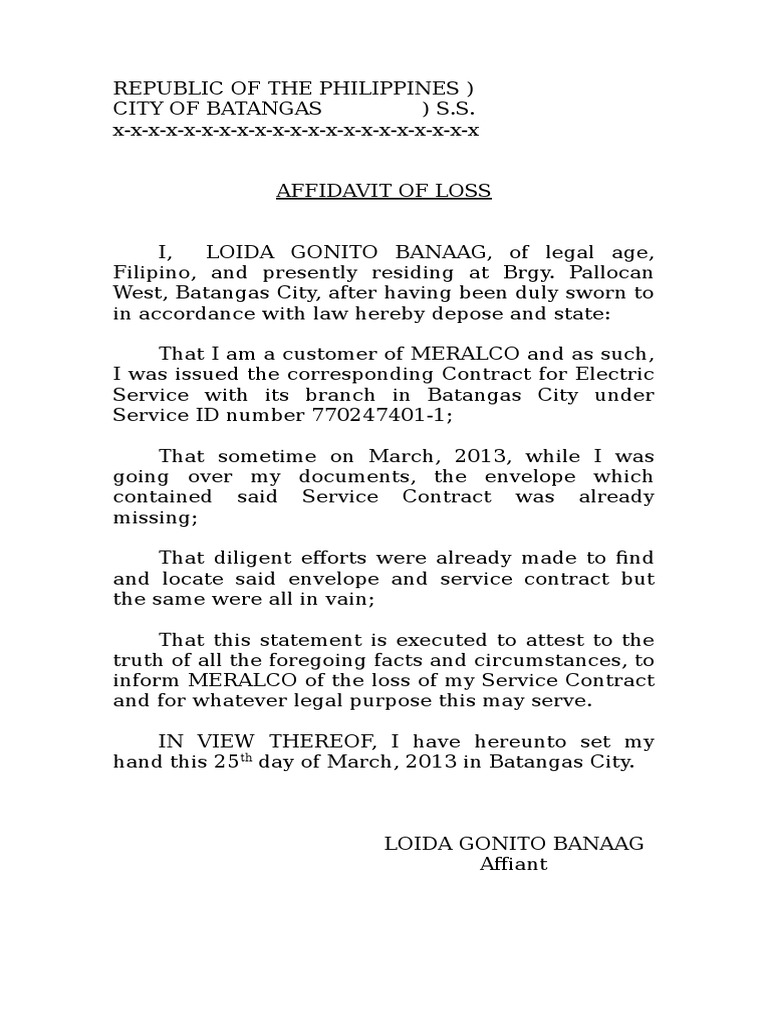 Affidavit of Loss for MERALCO Contract | PDF