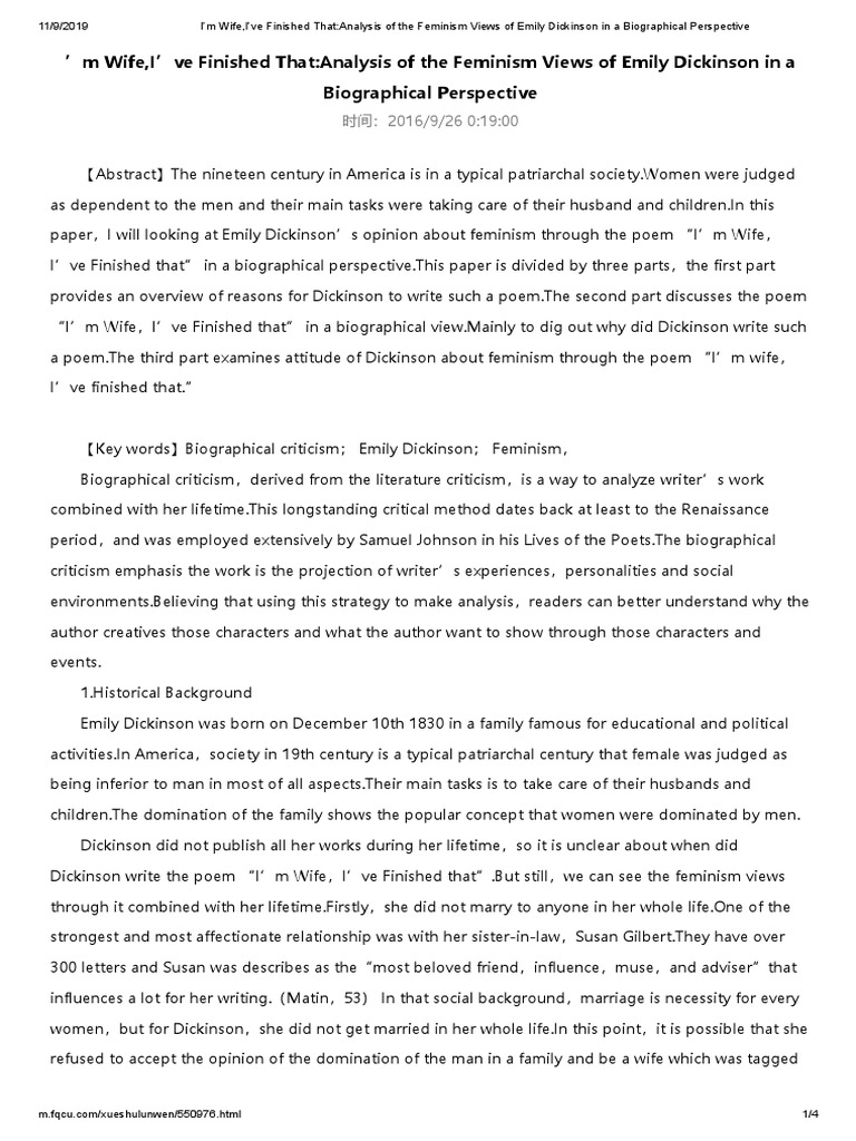 I'm Wife, I'Ve Finished That - Analysis of The Feminism Views of Emily ...