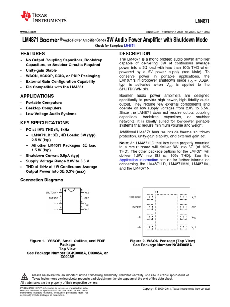 LM4871 | PDF | Amplifier | Capacitor