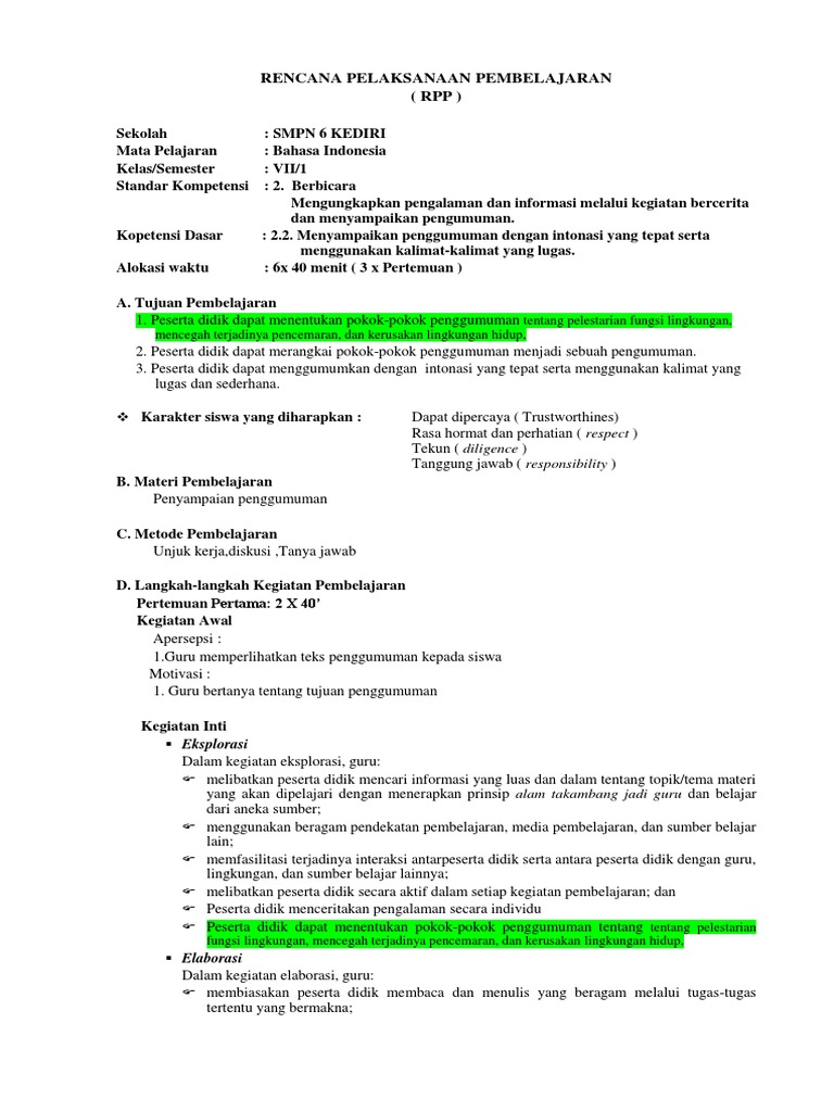 RPP Adiwiyata Bin Kelas 7 Revisi | PDF
