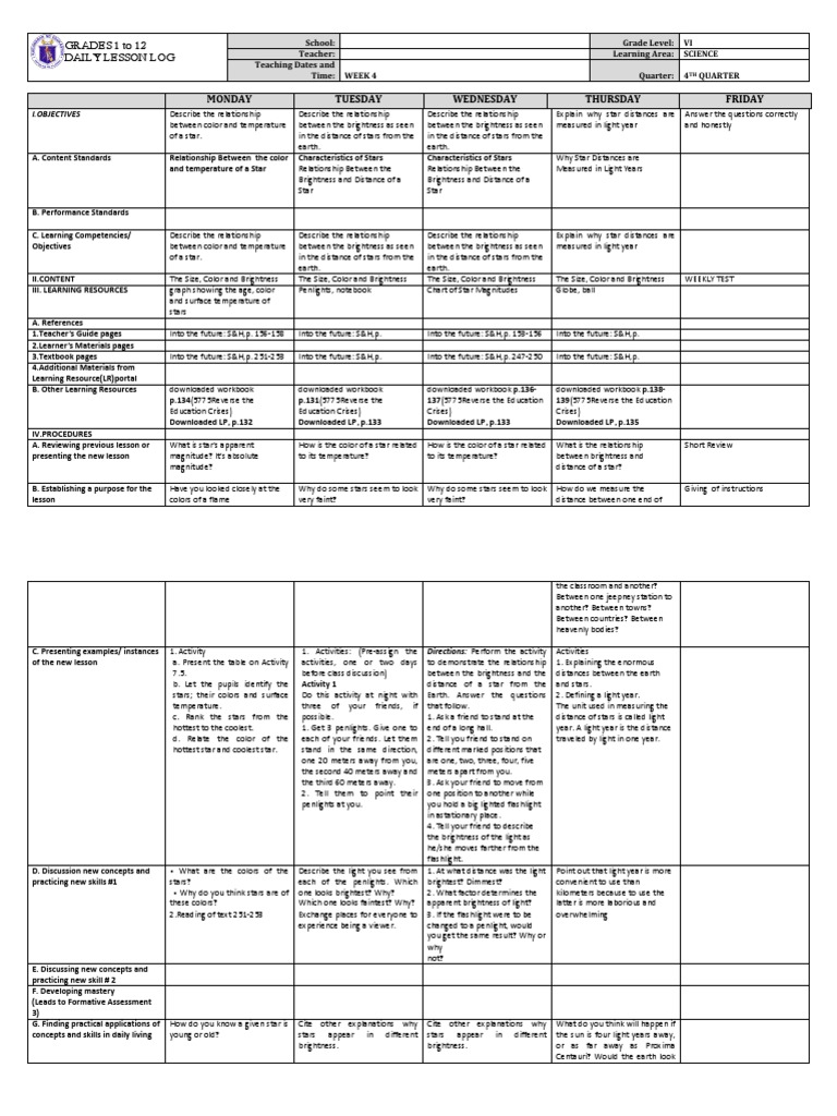 Grade 6 DLL Science 6 q4 Week 4 | PDF | Apparent Magnitude | Stars