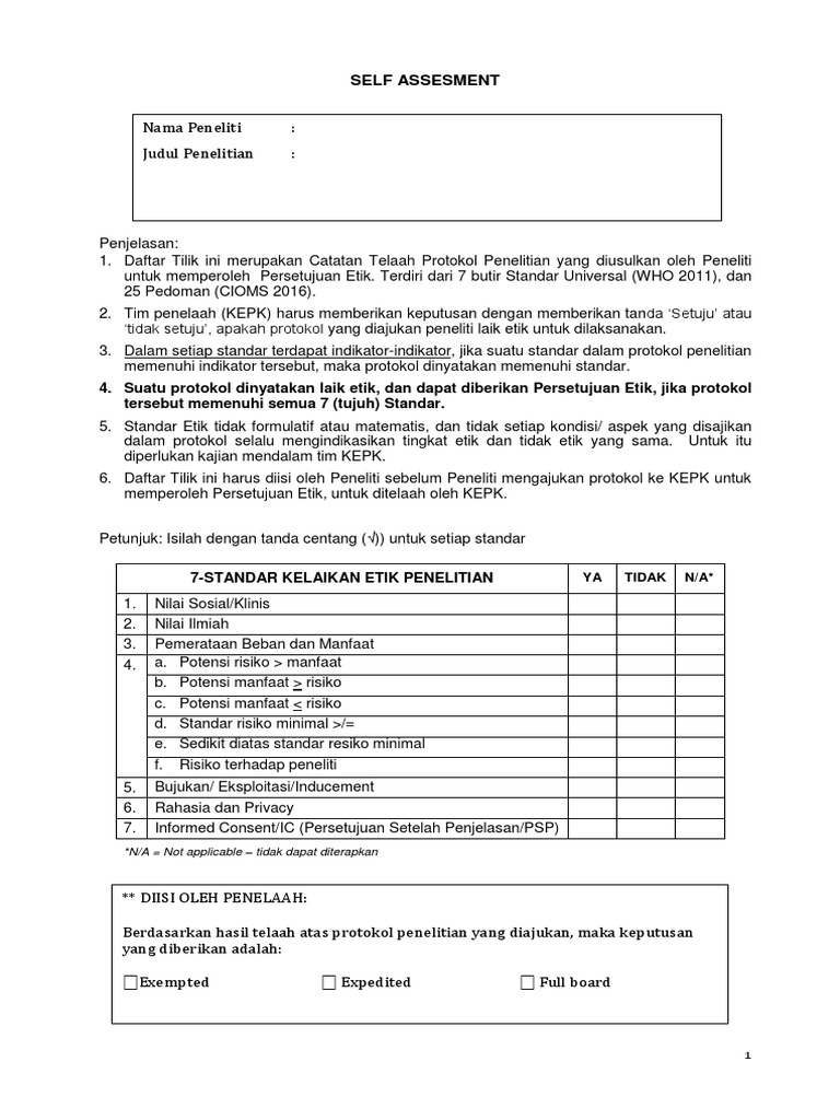 Check List 7 Standar Dan Indikator (Self Assesment) | PDF