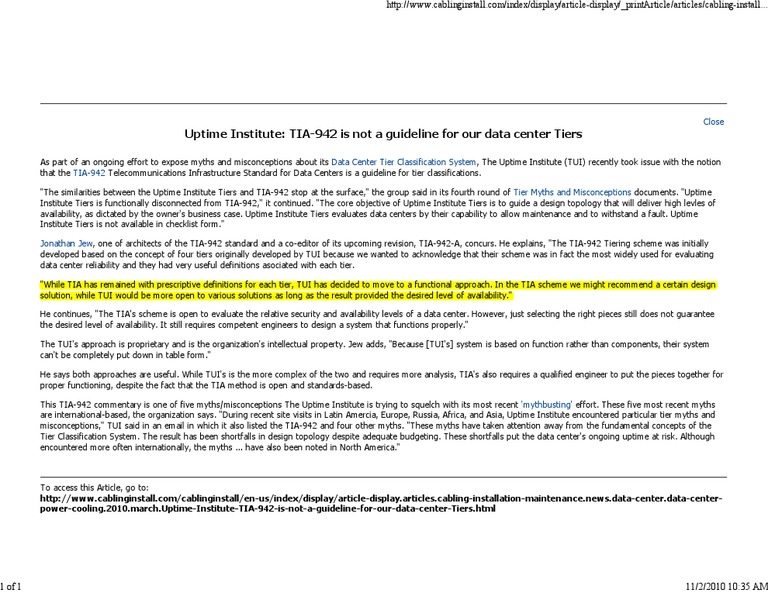 Uptime Tiers Vs TIA942 | PDF | Data Center | Information Technology