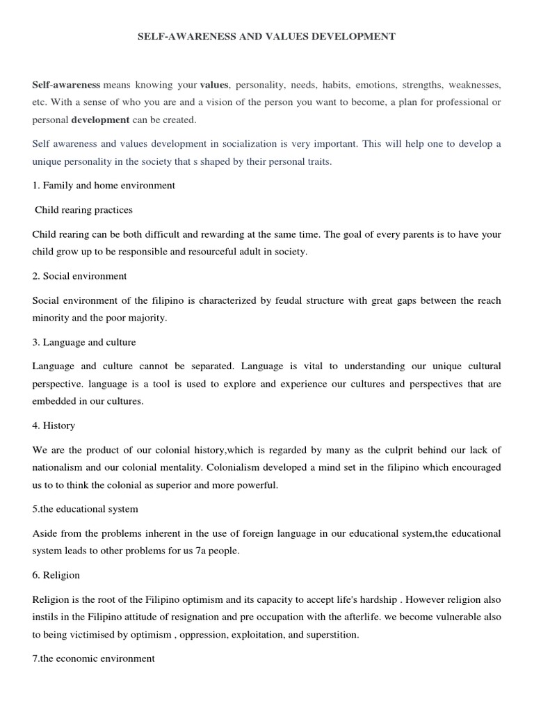 Chapter 3 Self-Awareness and Values Development (Group 8) | PDF | Goal ...
