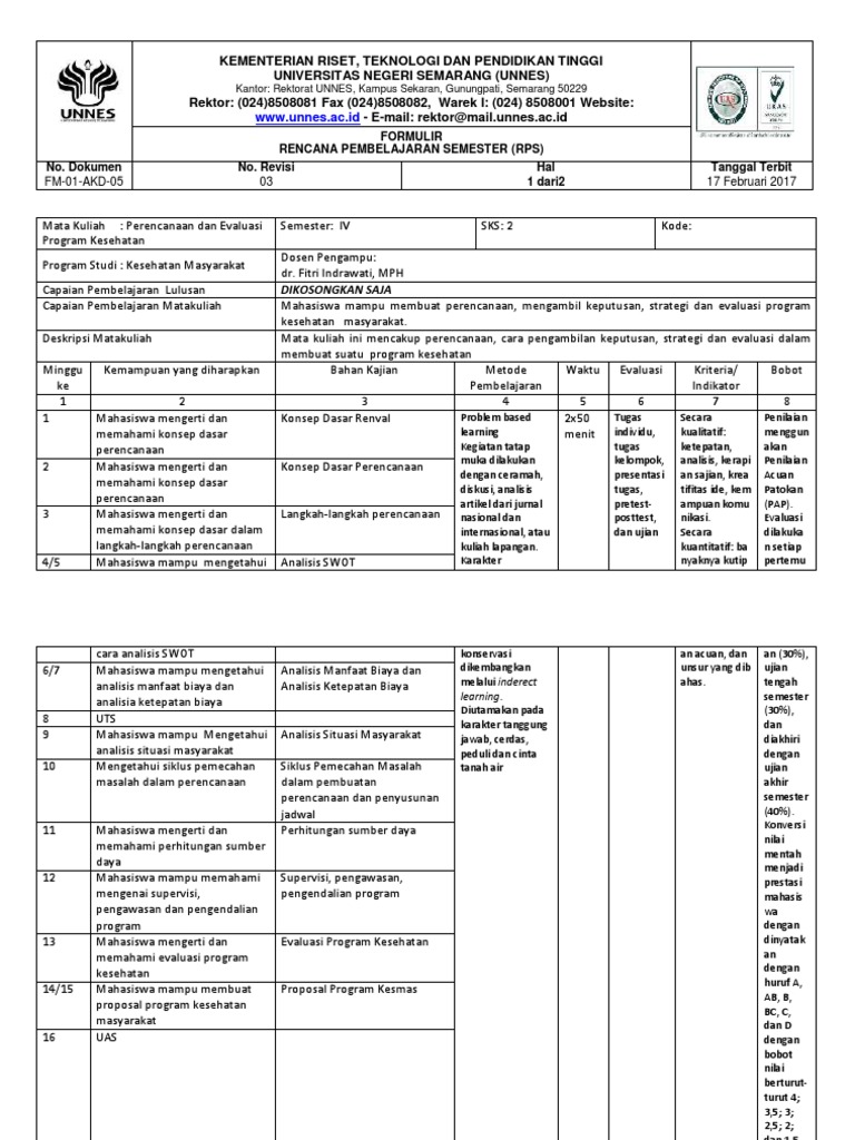 Rps Perencanaan Dan Evaluasi Kesehatan | PDF | Karier & Perkembangan