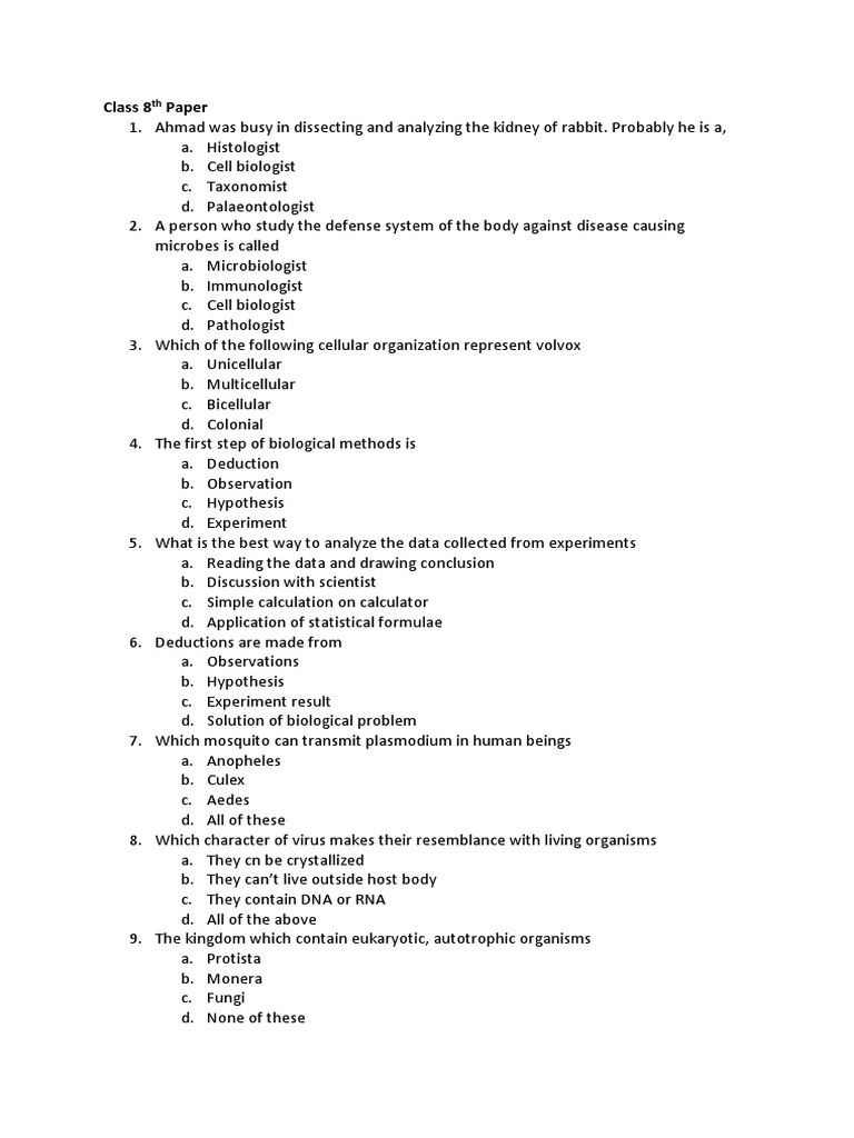 8th Class Biology Paper MCQS Type | PDF | Chloroplast | Cell (Biology)