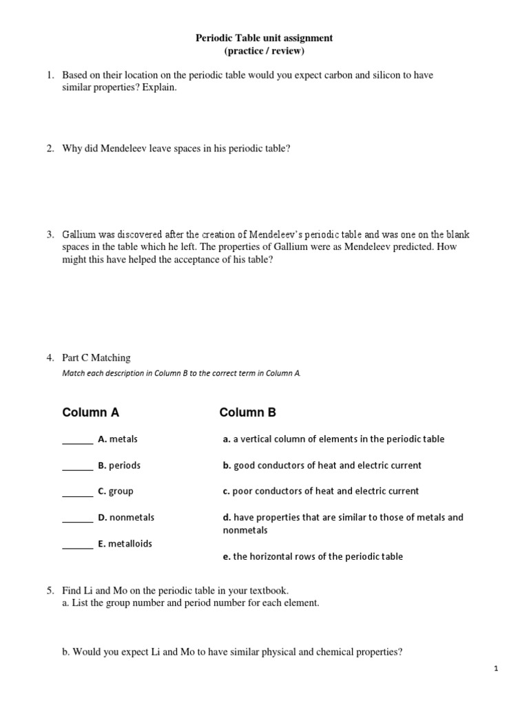 Periodic Table Assignment Guide | PDF | Periodic Table | Ion