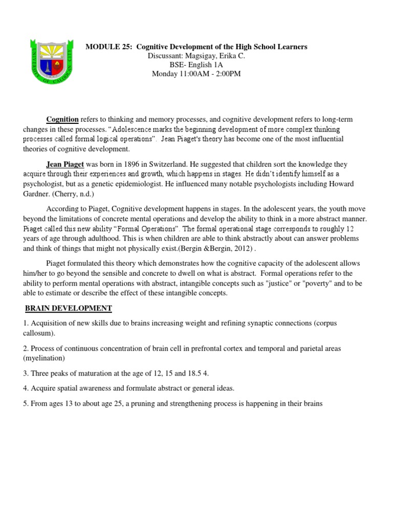 MODULE 25 Cognitive Development of The High School Learners 1 | PDF ...