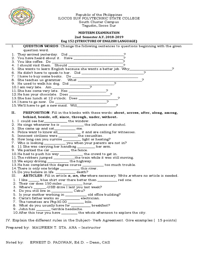 Midterm Exam: Structure of English Language | PDF | English Language ...
