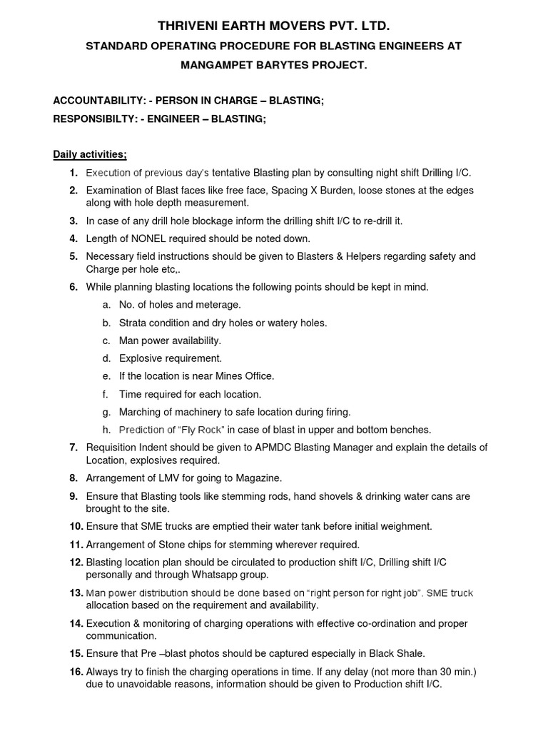 SOP Blasting Engineers | PDF | Drilling