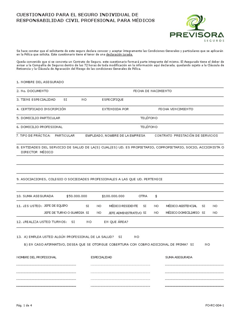 Cuestionario para El Seguro Individual de Responsabilidad Civil Profesional Médico Fo-Rc-004-101 ...