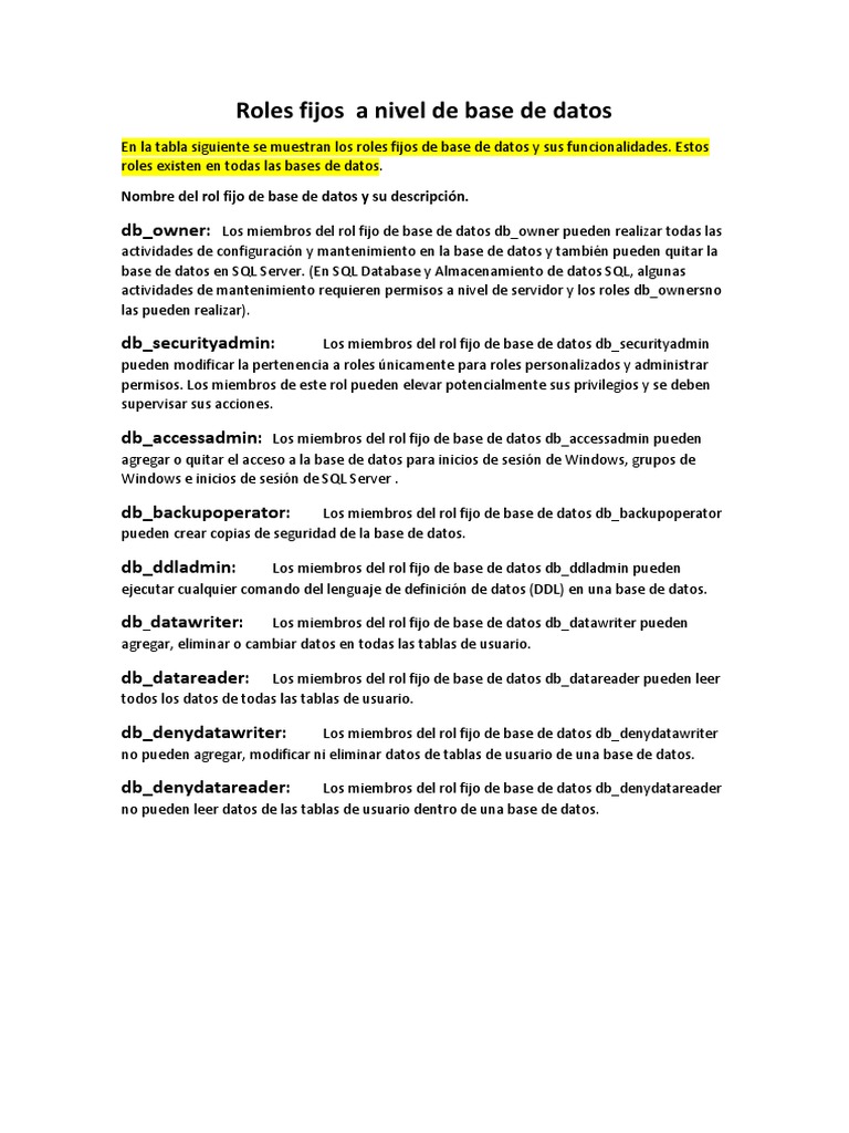 Roles Fijos A Nivel de Base de Datos | Descargar gratis PDF | Servidor SQL de Microsoft | Bases ...