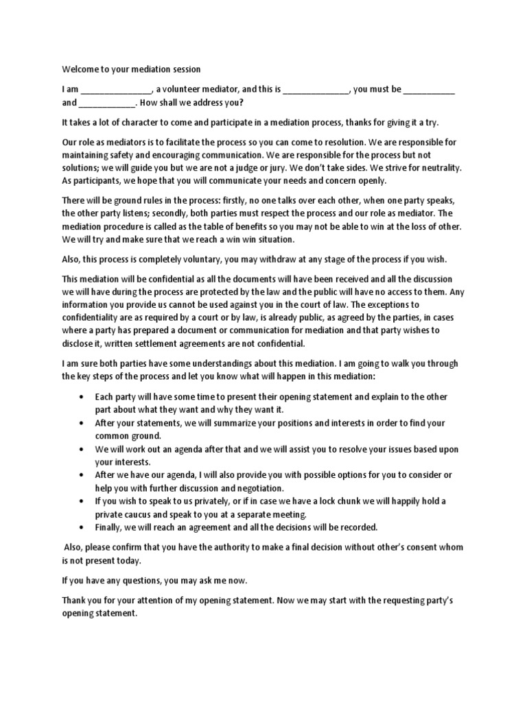 Mediation Opening Draft | PDF | Mediation | Confidentiality