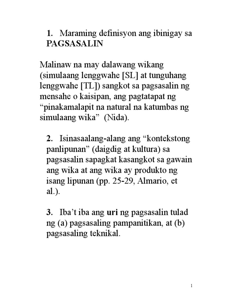 Fildlar PAGSASALIN Exercises | PDF
