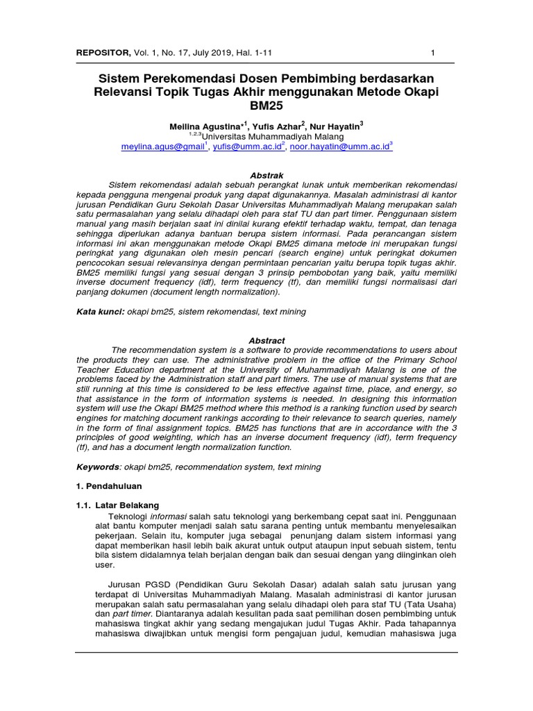 Sistem Perekomendasi Dosen Pembimbing Berdasarkan Relevansi Topik Tugas ...