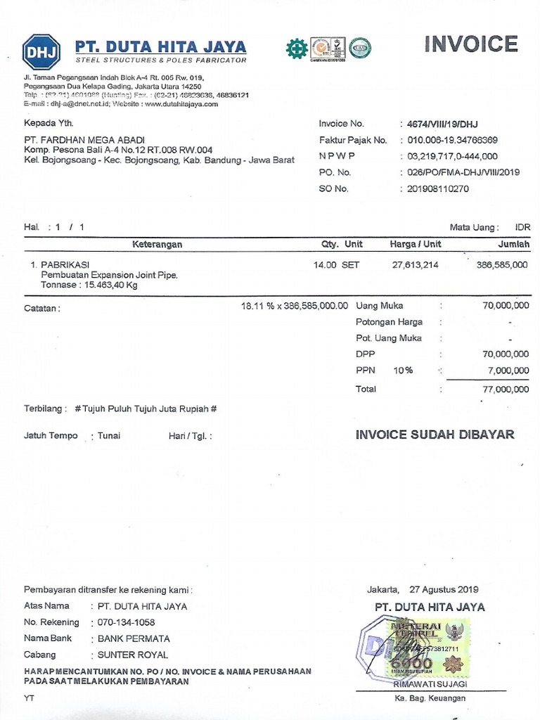 Invoice DP No.4674 & Faktur Pajak PT. Fardhan Mega PDF | PDF