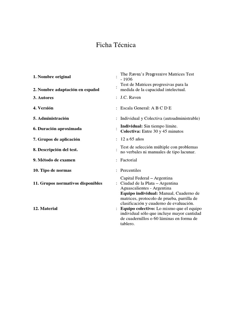 Ficha Tecnica RAVEN General1 PDF | PDF | Enseñando y aprendiendo ...