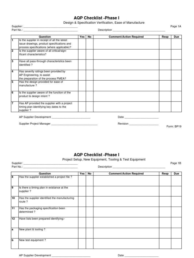 APQP Checklist | Quality Assurance | Specification (Technical Standard)