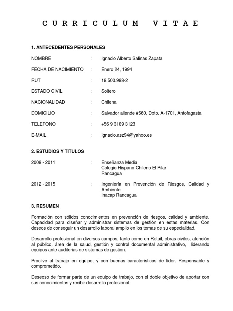 Curriculum Ignacio Alberto Salinas | PDF | Chile | Educación avanzada