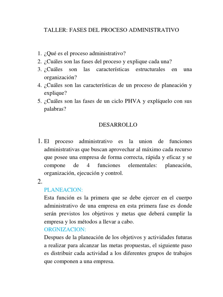 Taller Fases Del Proceso Administrativo | PDF | Planificación | Calidad (comercial)