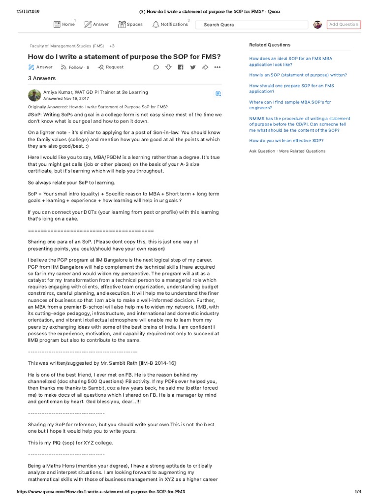How Do I Write A Statement of Purpose The SOP For FMS | PDF | Question ...