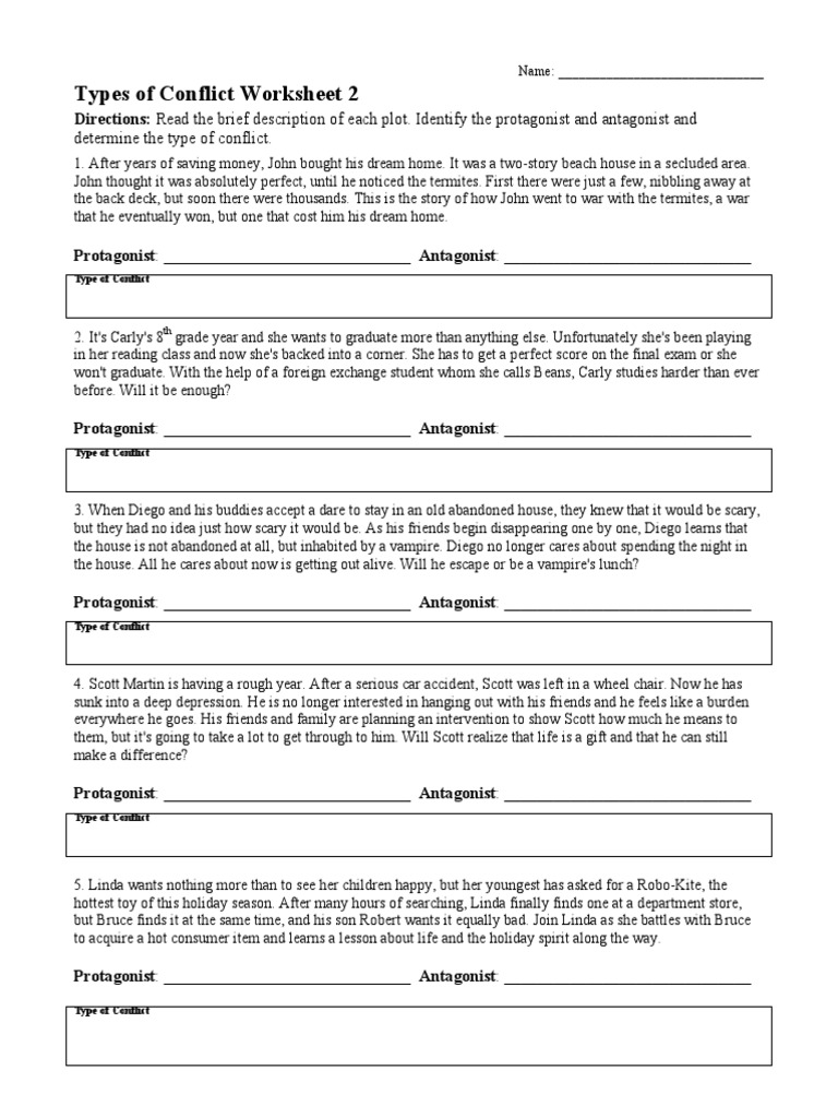 Types of Conflict Worksheet Guide | PDF