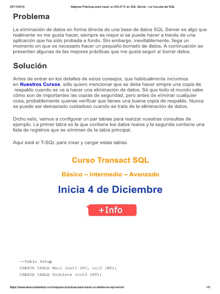 Mejores Practicas para Haer Un DELETE en SQL Server | PDF | Bases de datos | Software de gestión ...