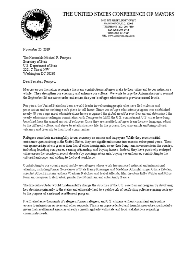 Mayors Letter in Support of Refugees 112519 | United States Department ...