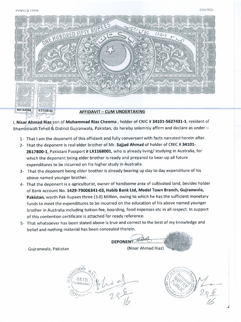 Sample of Affidavit For The Sponsor - Pakistan PDF | PDF