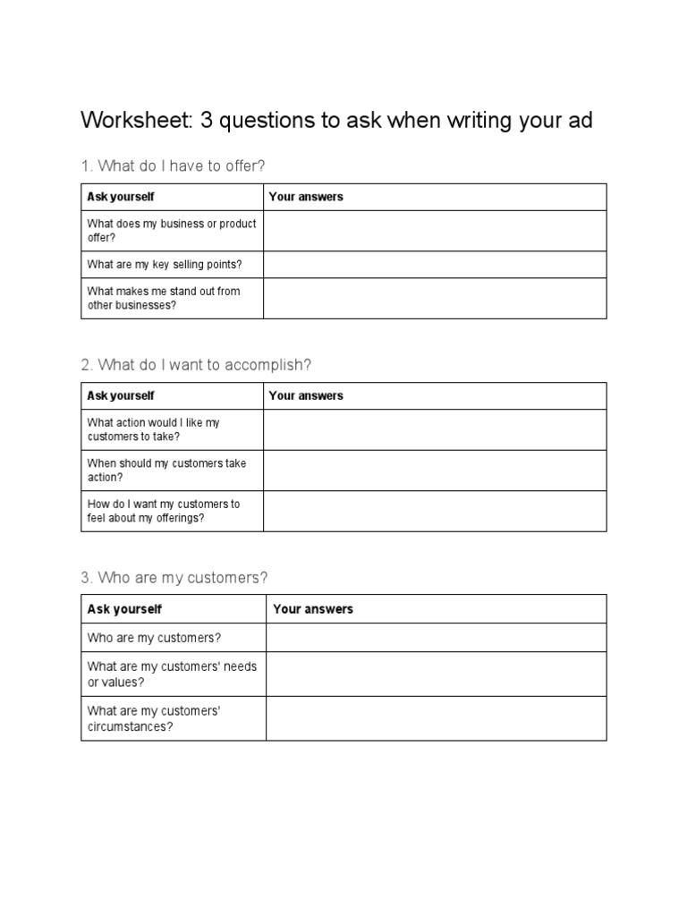 Worksheet - 3 Questions To Ask When Writing Your Ad | PDF