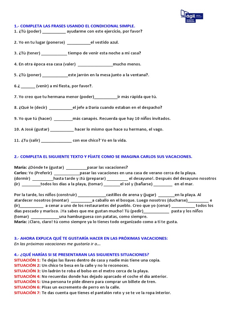 Ejercicios de Condicional Simple en Español | PDF