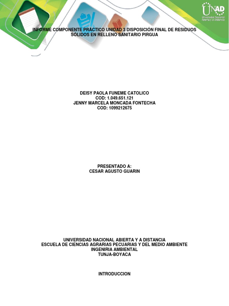 Informe Componente Práctico Unidad 3 Disposición Final de Residuos Sólidos en Relleno Sanitario ...