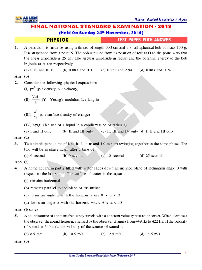 NSE 2019 Physics Paper With Answer | PDF | Photoelectric Effect | Speed ...