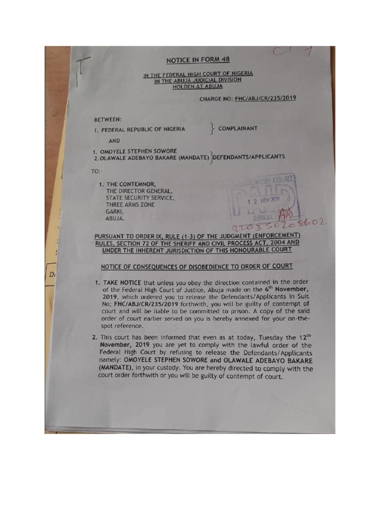 Notice of Consequence of Disobedience of Court Order (Form 48) Marked ...