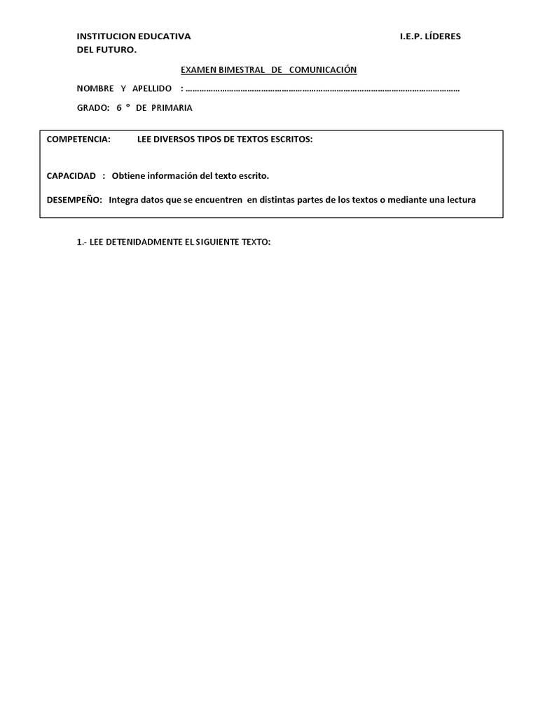 Examen Bimestral de Comunicación 6° Primaria | PDF