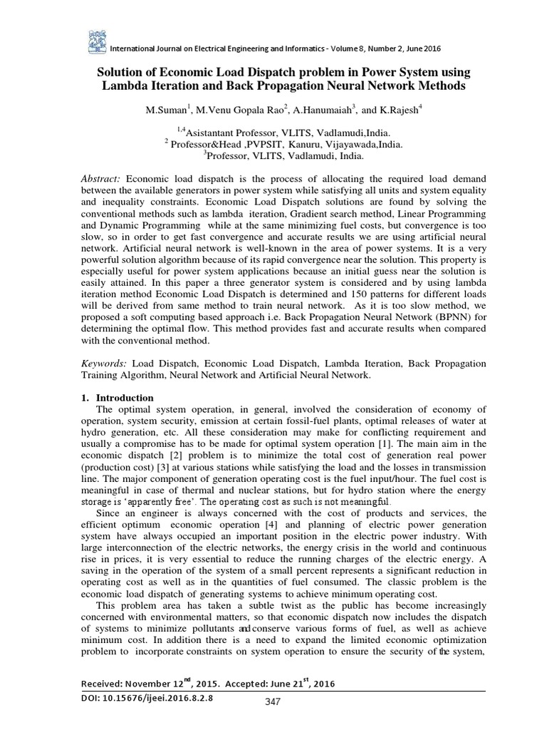 Economic Dispatch Pdf Mathematical Optimization Artificial Neural Network