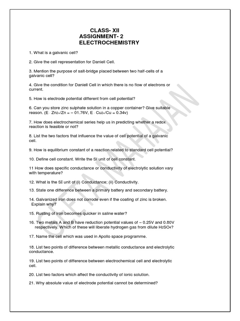 Class Xii Assi. Electrochemistry | PDF | Electrochemistry | Redox