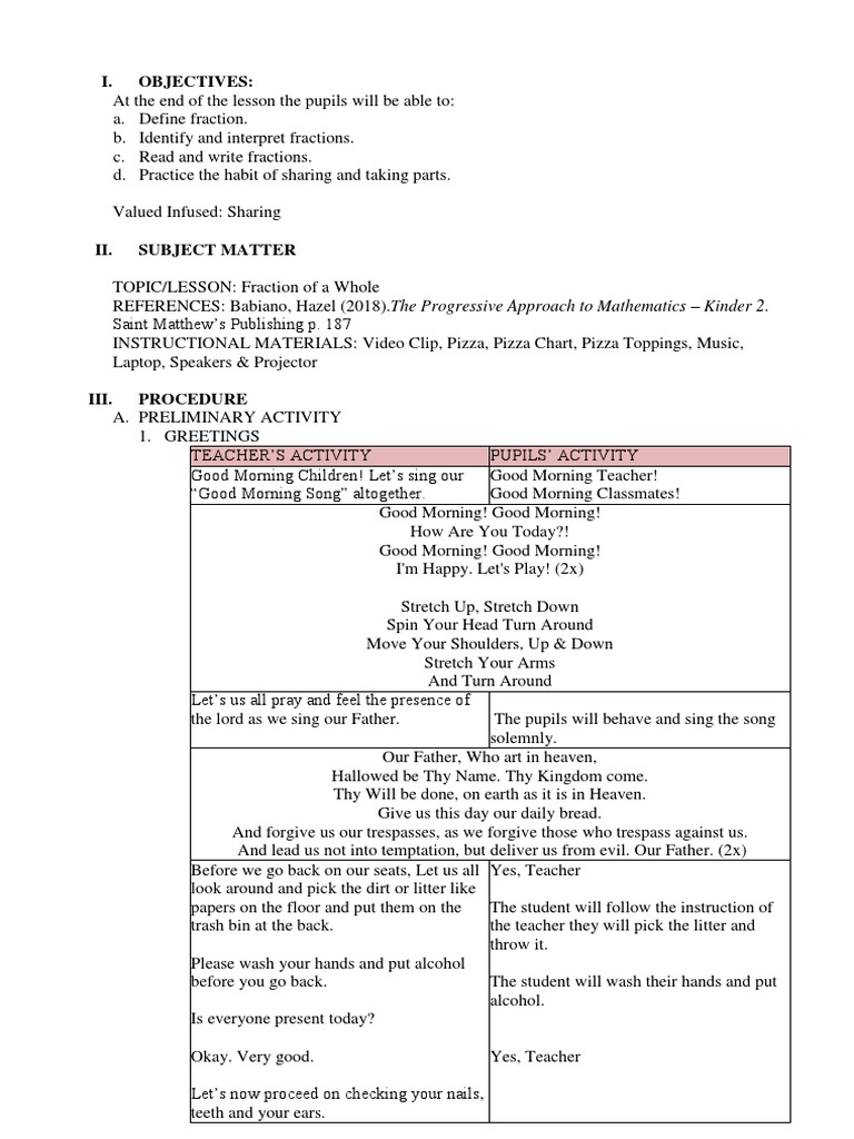 Kindergarten Fraction Lesson Plan | PDF | Lord's Prayer | Fraction ...