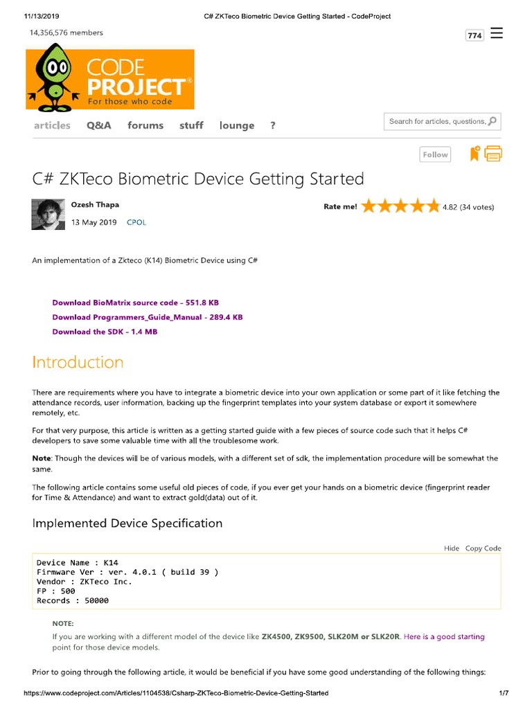 C# ZKTeco Biometric Device Getting Started - CodeProject | PDF