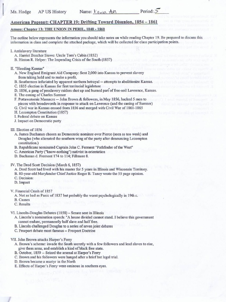 American Pageant CHAPTER 19 Answers Drifting Toward Disunion 18541861 | PDF