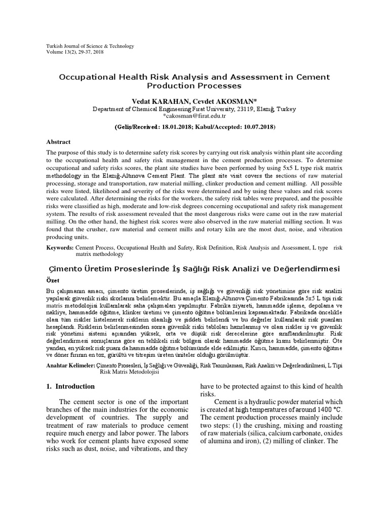 Occupational Health Risk Analysis and Assessment in Cement Production ...