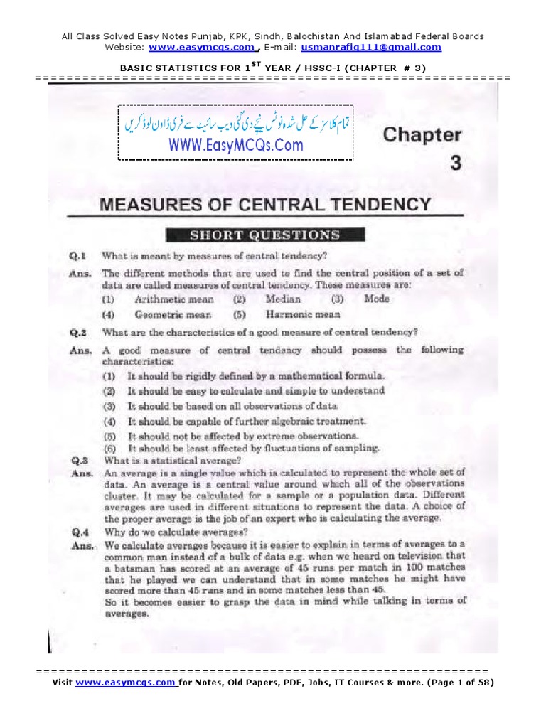1st Year Statistics Chapter 3 Notes | PDF | Khyber Pakhtunkhwa | Islamabad