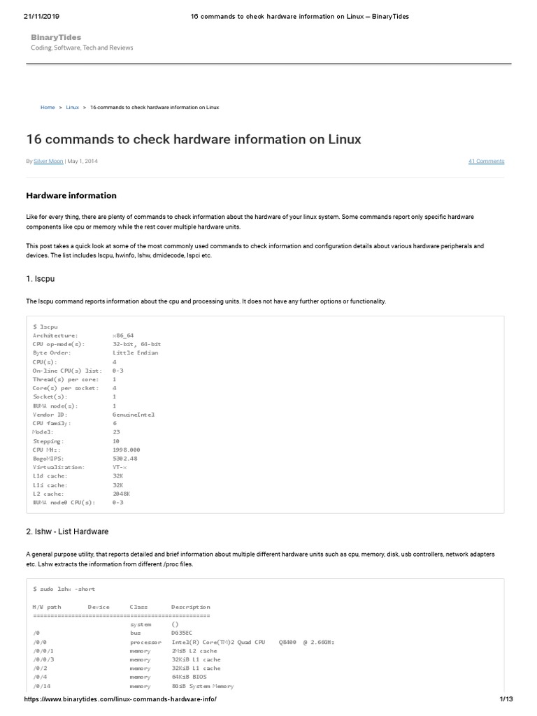 16 Commands To Check Hardware Information On Linux Binarytides Pdf Usb Random Access Memory