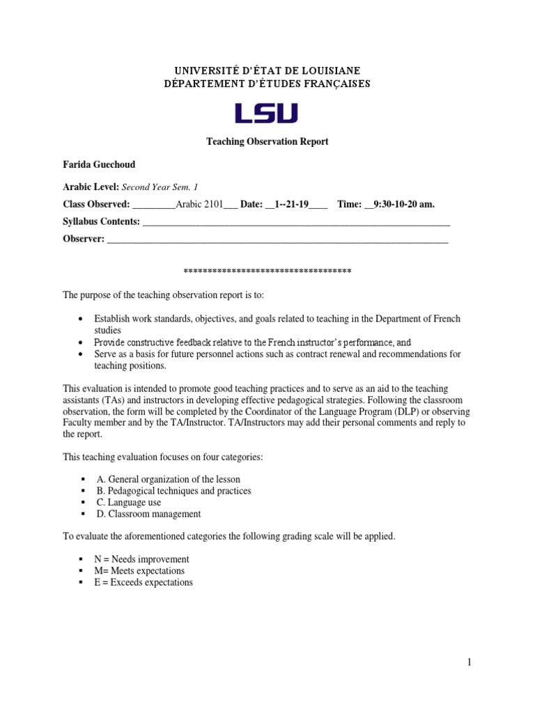 Teaching Observation-Evaluation Form-Arabic 2101 | PDF | Classroom ...