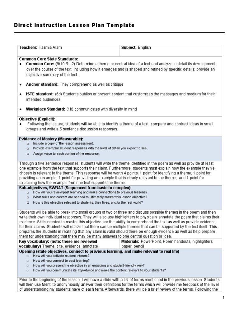 Direct Instruction Lesson Plan | PDF | Lecture | Lesson Plan